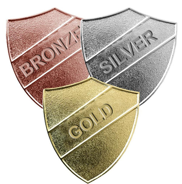 GOLD, SILVER & BRONZE TEXT Shield Badge | School Badge Store
