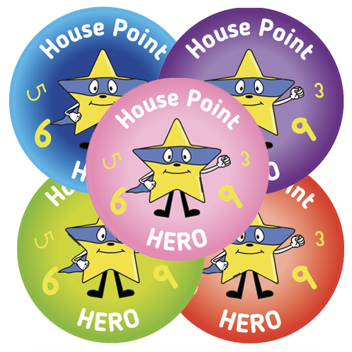Colourful sticker proclaiming 'House Point Hero' to celebrate a child's ...